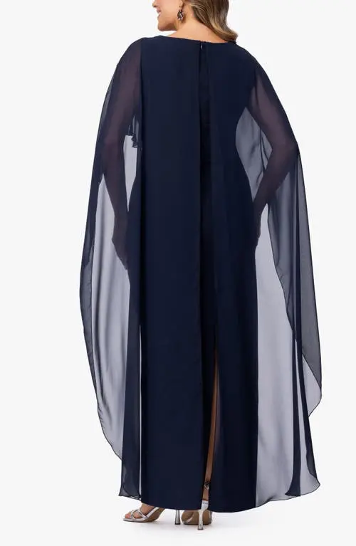 XSCAPE EVENINGS Attached Chiffon Cape Column Gown