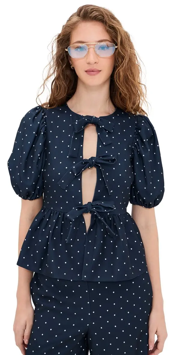 English Factory Polka Dot Puff Sleeve Top - Navy