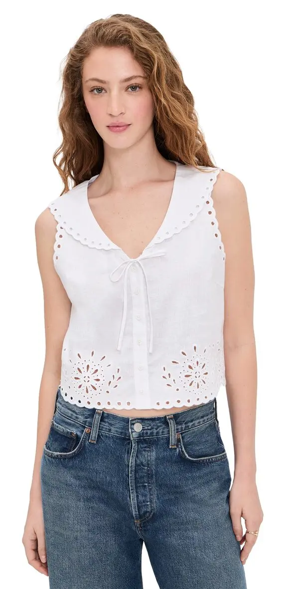 LE JEAN Embroidered Eyelet Sailor Top - White