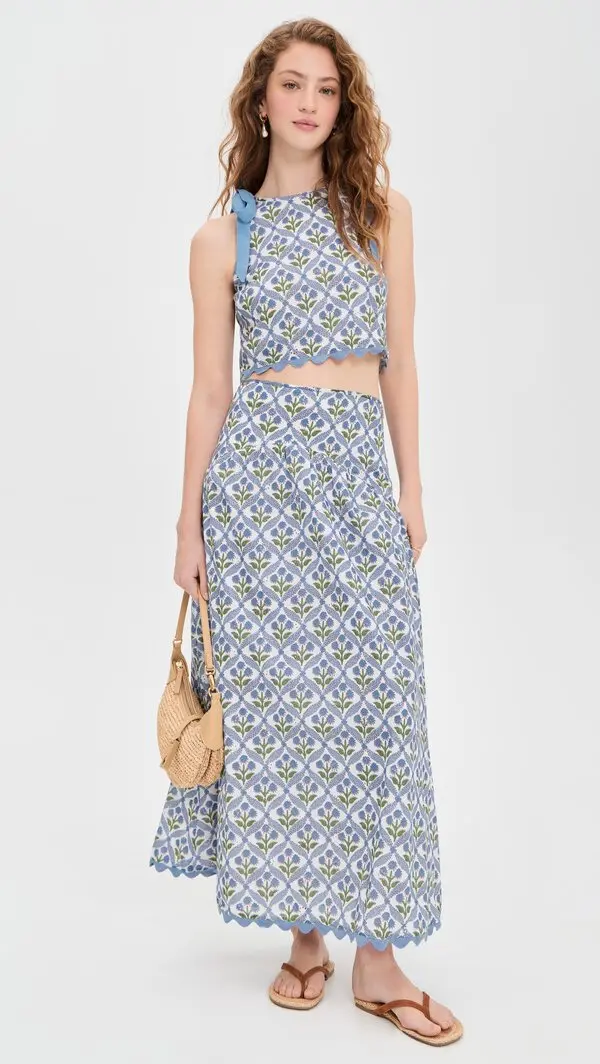 Saylor Marleigh Floral Print Sleeveless Top And Skirt Set With Bow And Scalloped Trim