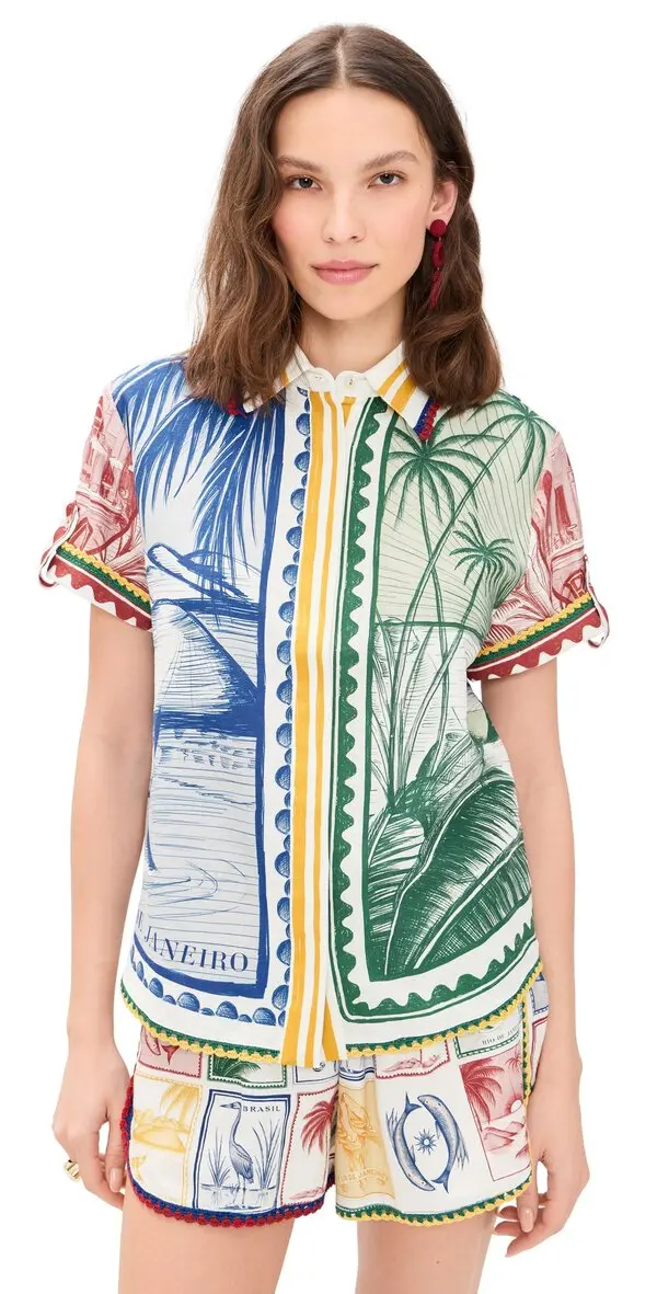 Farm Rio Tropical Print Embroidered Shirt - Brasil Vintage Off-white