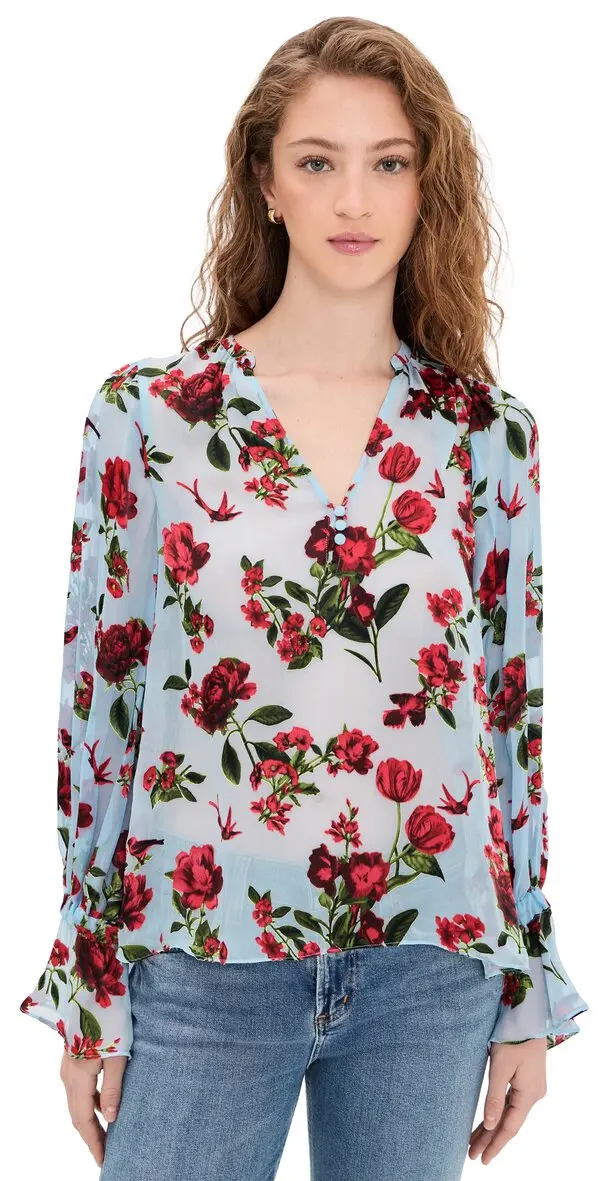 Alice + Olivia Moranne Blouson Floral Top - American Beauty Carolina Blue