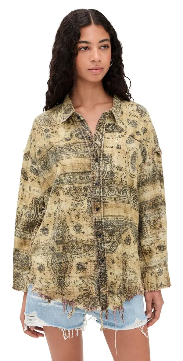 R13 Shredded Seam Drop Neck Shirt - Khaki Bandana Black Overprint
