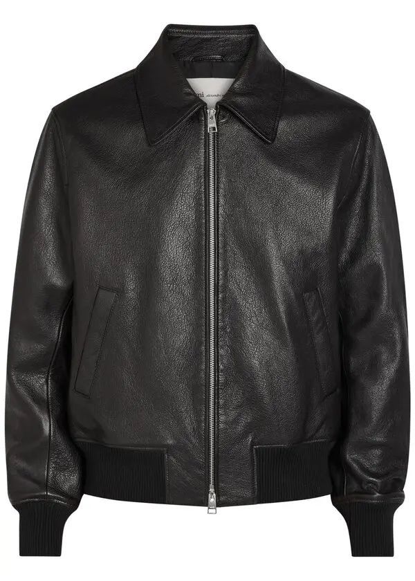 AMI Paris Grained Leather Bomber Jacket - Black