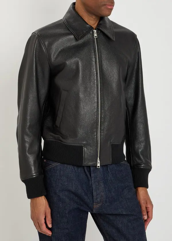 AMI Paris Grained Leather Bomber Jacket - Black