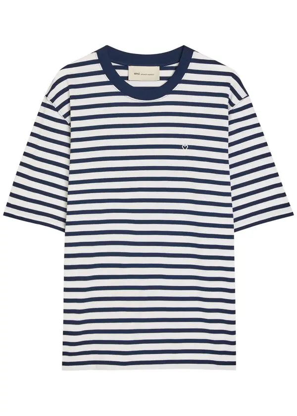 AMI Paris Striped Logo-embroidered Cotton T-shirt