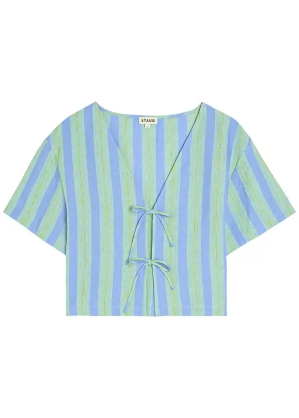 Staud Ava Striped Tie-front Linen Blouse - Light Blue