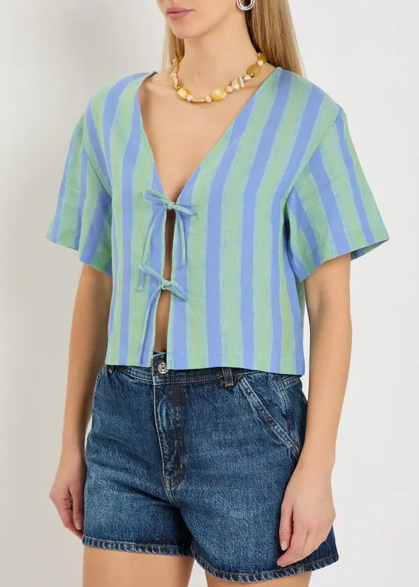 Staud Ava Striped Tie-front Linen Blouse - Light Blue