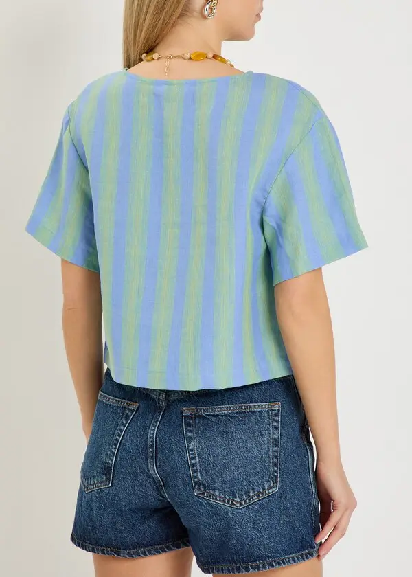 Staud Ava Striped Tie-front Linen Blouse - Light Blue