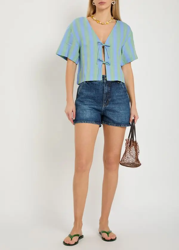 Staud Ava Striped Tie-front Linen Blouse - Light Blue