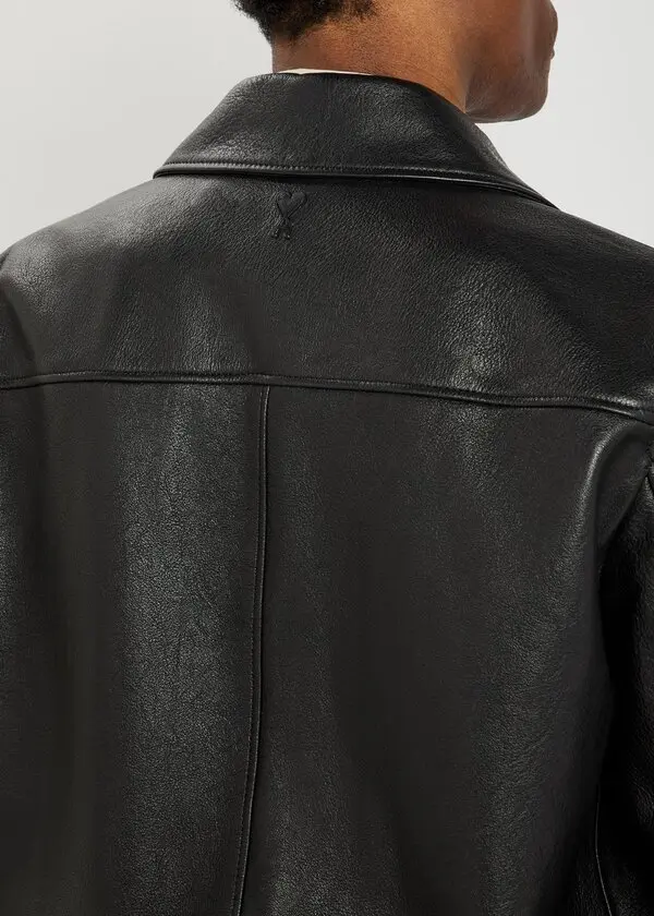 AMI Paris Grained Leather Bomber Jacket - Black