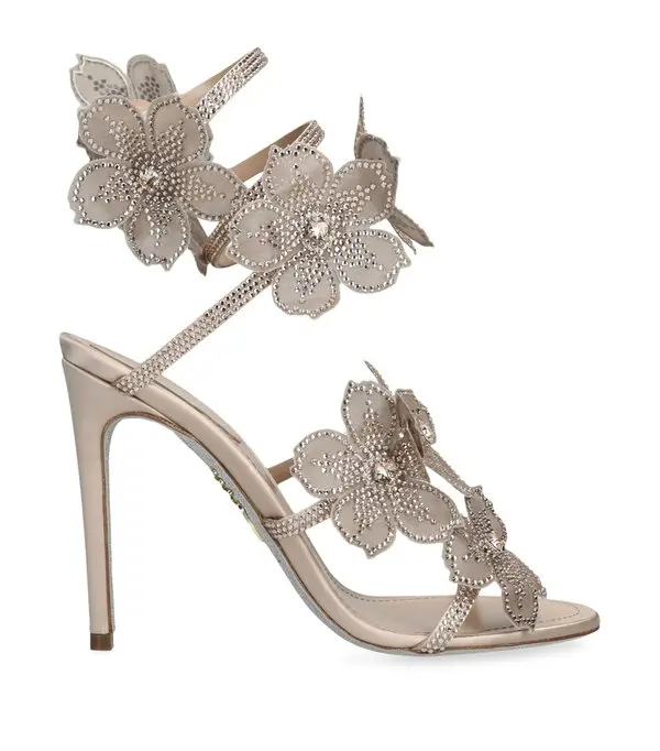 Rene Caovilla Satin Floral Embellished Stiletto Sandals - Nude