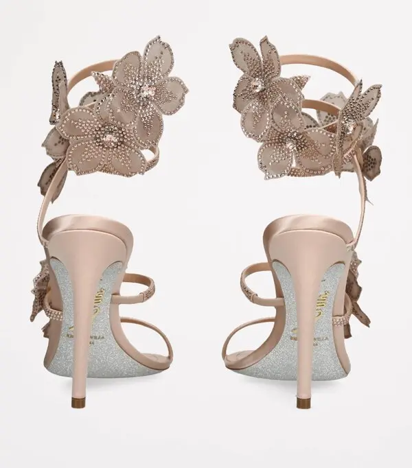 Rene Caovilla Satin Floral Embellished Stiletto Sandals - Nude