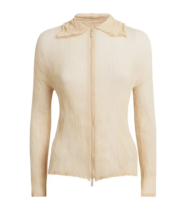 Issey Miyake Chiffon Twist Pleats Zip Cardigan - Beige