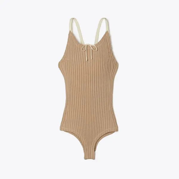 Tory Burch Ribbed Knit Bodysuit - Putty
