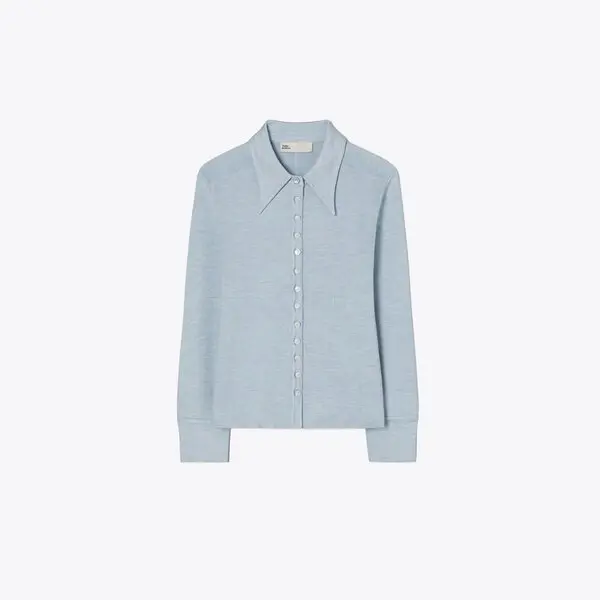 Tory Burch Silk Knit Button-down Shirt - Light Blue
