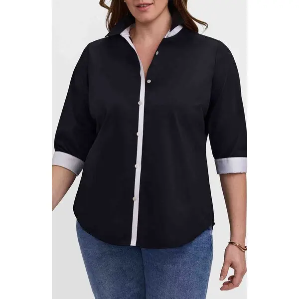 Foxcroft Contrast Trim Cotton-blend Button-up Shirt - Black