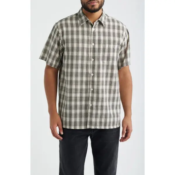 925 ORIGINALS Office Woven Check Short Sleeve Cotton Button-up Shirt - Cream