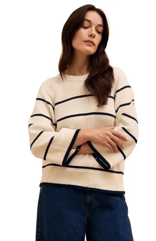 CELTIC & CO. Raglan Crop Sleeve Crew Sweater - Ecru Stripe
