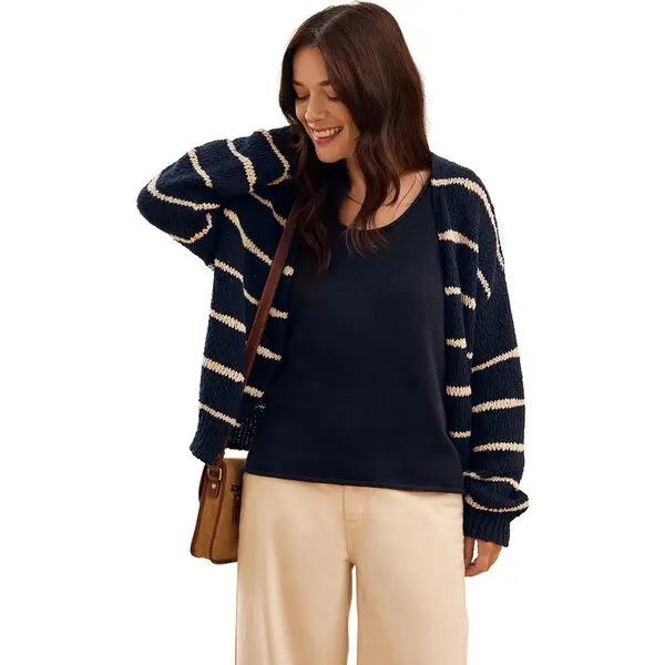 CELTIC & CO. Long Sleeve Drop Stitch Cardigan - Navy/ecru