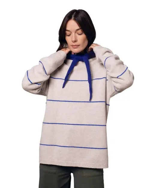CELTIC & CO. Split Hem Slouch Funnel Neck Jumper - Ecru Cobalt Stripe