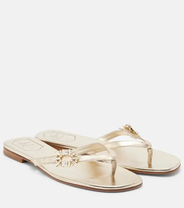 ROGER VIVIER Embellished Metallic Leather Thong Sandals - Gold