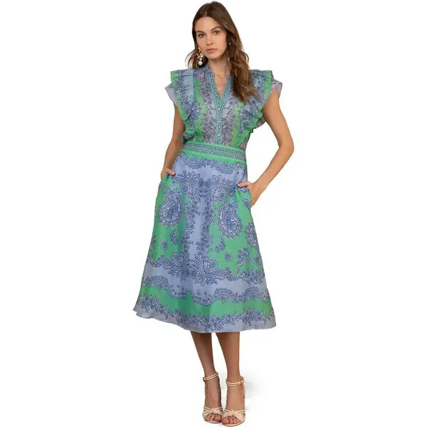 Hale Bob Printed Silk Linen Organza Skirt - Green