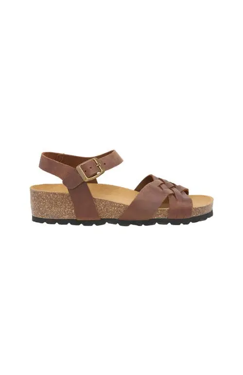 CELTIC & CO. Woven Detail Low Wedge Leather Sandal - Cognac