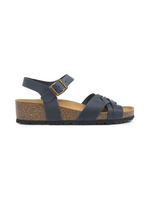 CELTIC & CO. Woven Detail Low Wedge Leather Sandal - Navy