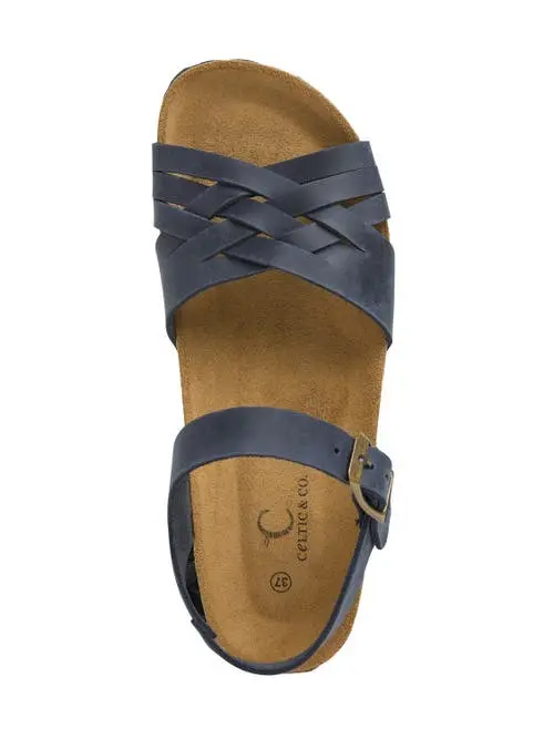 CELTIC & CO. Woven Detail Low Wedge Leather Sandal - Navy