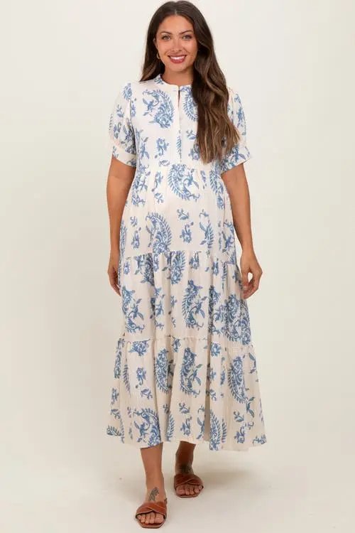 PINKBLUSH Paisley Button Up Tiered Maxi Dress - Blue