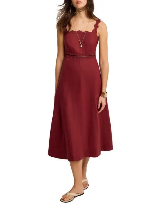 Mint Velvet Linen A-line Midi Dress - Burgundy