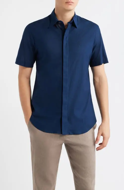 Emporio Armani Textured Stripe Short Sleeve Knit Cotton Button-up Shirt - Solid Blue Navy