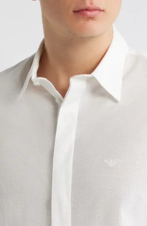 Emporio Armani Textured Stripe Short Sleeve Knit Cotton Button-up Shirt