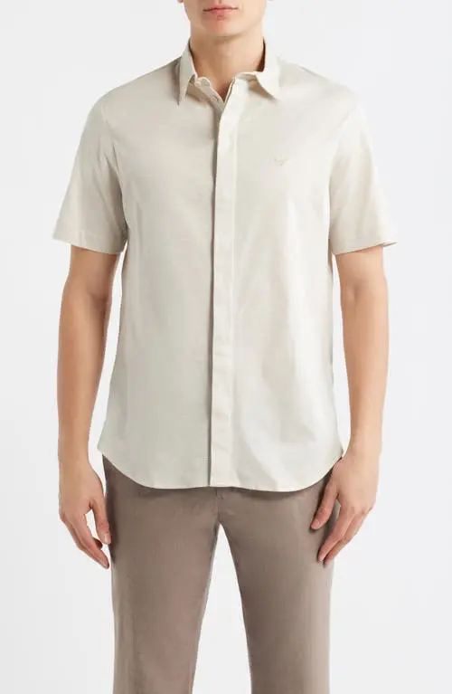 Emporio Armani Textured Stripe Short Sleeve Knit Cotton Button-up Shirt - Tan