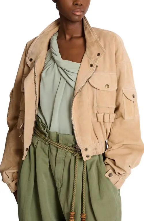 Balmain Cropped Suede Bomber Jacket - Beige