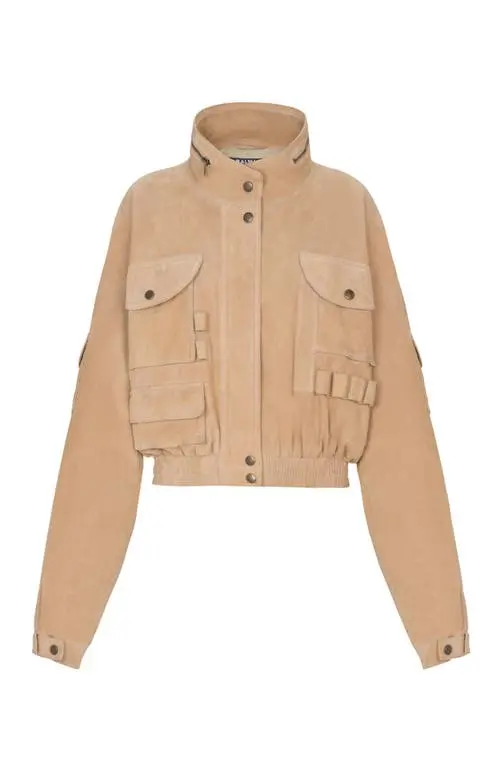 Balmain Cropped Suede Bomber Jacket - Beige