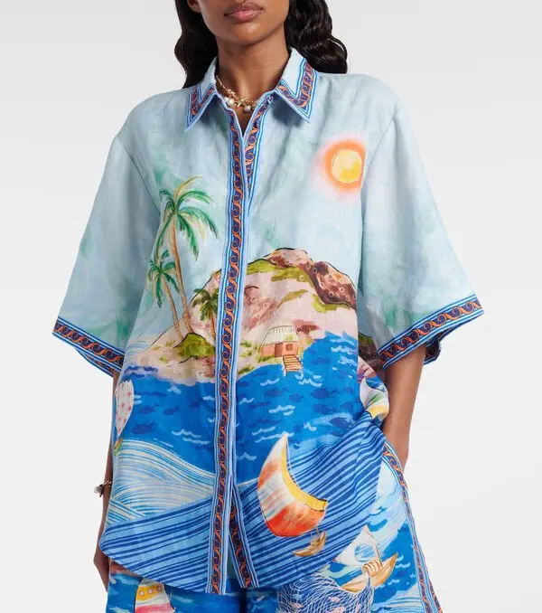 ALEMAIS Printed Linen Shirt - Blue