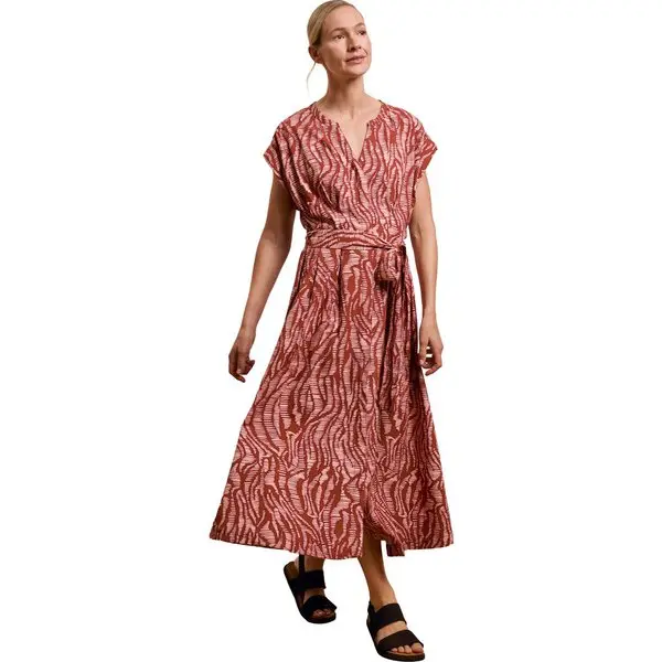 CELTIC & CO. Tie Waist Relaxed V-neck Midi Dress - Pink Wavy Animal