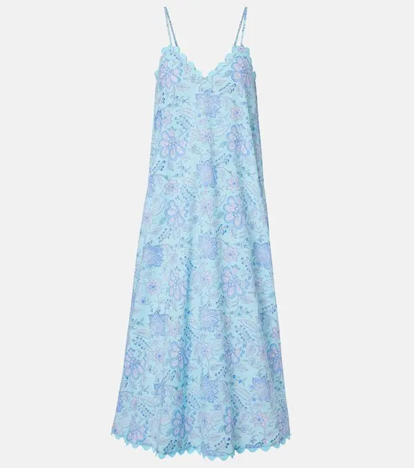 JULIET DUNN Floral Scalloped Cotton Midi Dress - Blue