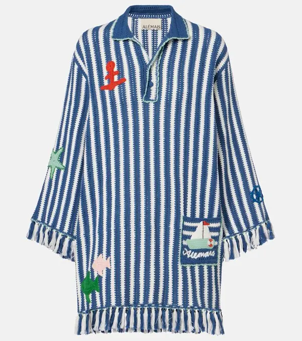 ALEMAIS Alémais Striped Crochet Cotton Minidress - Blue
