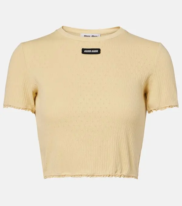 Miu Miu Lace-trimmed Pointelle Cotton Crop Top - Yellow