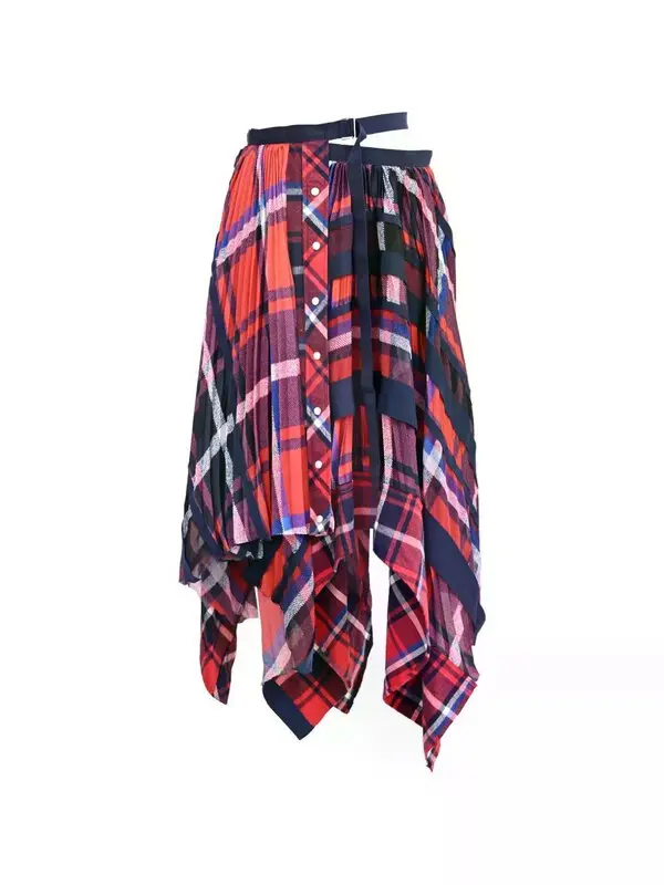 Sacai Plaid Pleated Asymmetric Wrap Skirt - Red