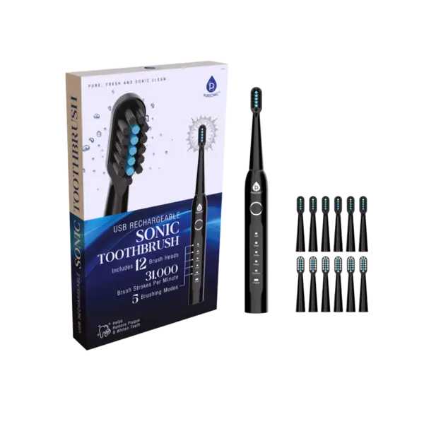 PURSONIC Usb Rechargeable Electric Toothbrush With 12 Brush Heads - Black