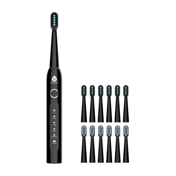 PURSONIC Usb Rechargeable Electric Toothbrush With 12 Brush Heads - Black