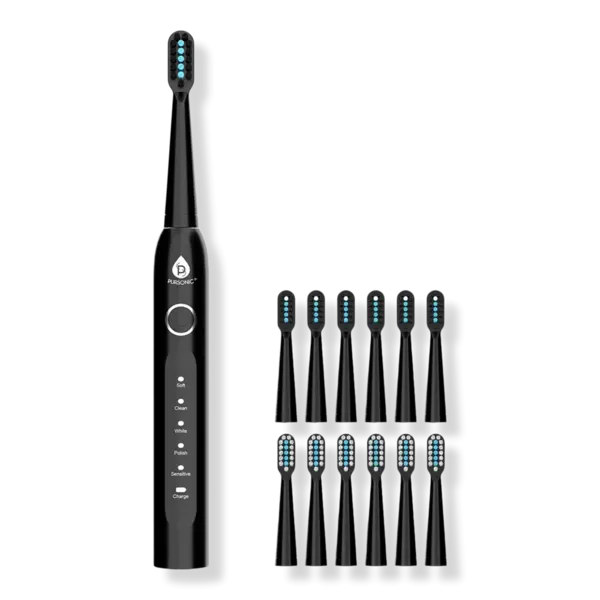 PURSONIC Usb Rechargeable Electric Toothbrush With 12 Brush Heads - Black