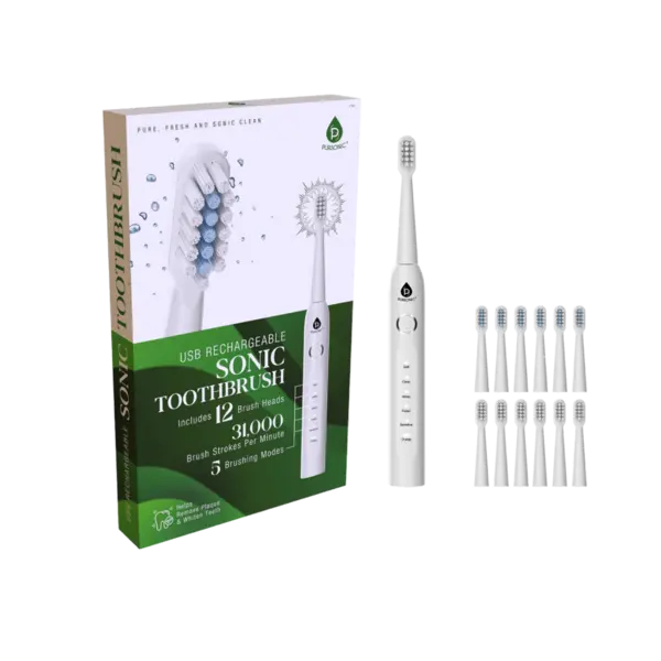 PURSONIC Usb Rechargeable Electric Toothbrush With 12 Brush Heads - White