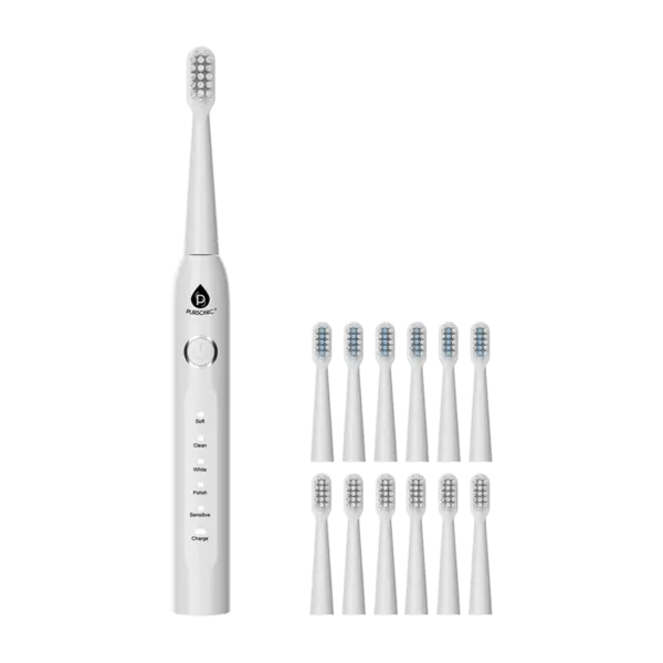 PURSONIC Usb Rechargeable Electric Toothbrush With 12 Brush Heads - White