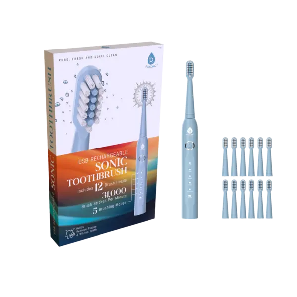 PURSONIC Usb Rechargeable Electric Toothbrush With 12 Brush Heads - Blue