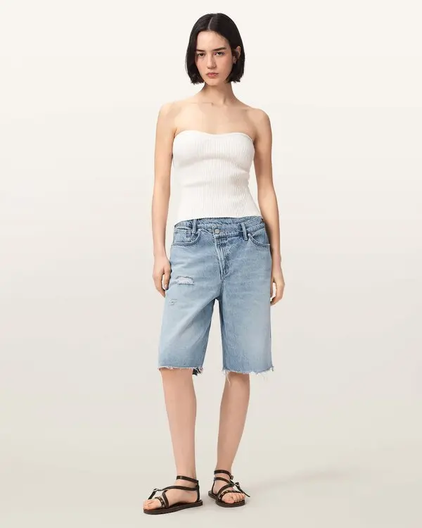 ALLSAINTS Aki Crossover Wide Leg Denim Shorts - Destroy Light Blue
